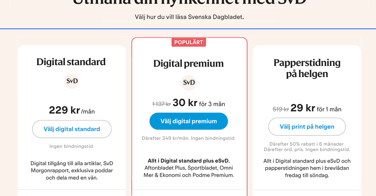 SvD prenumeration - Månadspris - ta del av våra prenumerationsalternativ